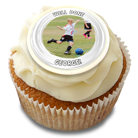 Congratulations white swirl border photo upload Edible Cupcake Topper