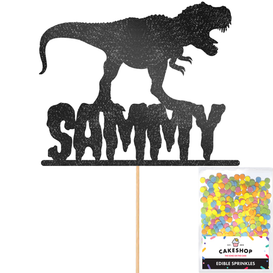 Roaring t-rex dinosaur birthday topper custom name Glitter Topper