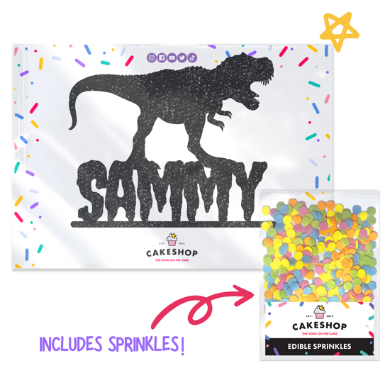 Roaring t-rex dinosaur birthday topper custom name Glitter Topper